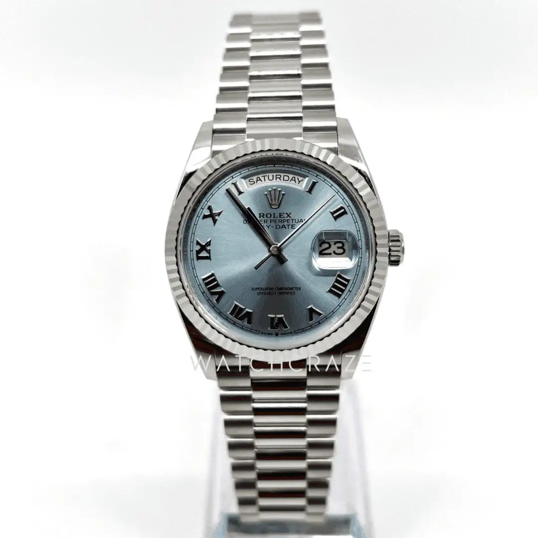 2023 ROLEX DAY DATE ICE BLUE DIAL PLATINUM ROMAN NUMERALS 36MM 128236