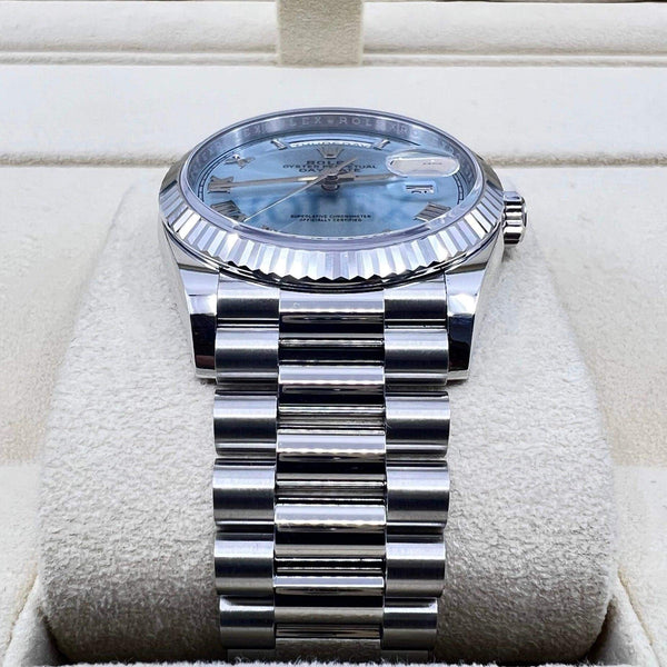 2023 ROLEX DAY DATE ICE BLUE DIAL PLATINUM ROMAN NUMERALS 36MM 128236
